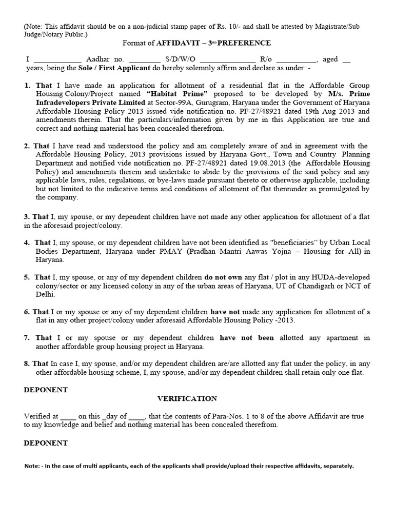 Haryana HUDDA Afforedalbe Housing Affidavit Format 3rd Preference | PDF | Government | Justice