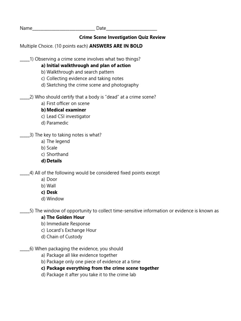 Crime Scene Investigation Quiz Review Answered | PDF | Crime Scene | Crimes