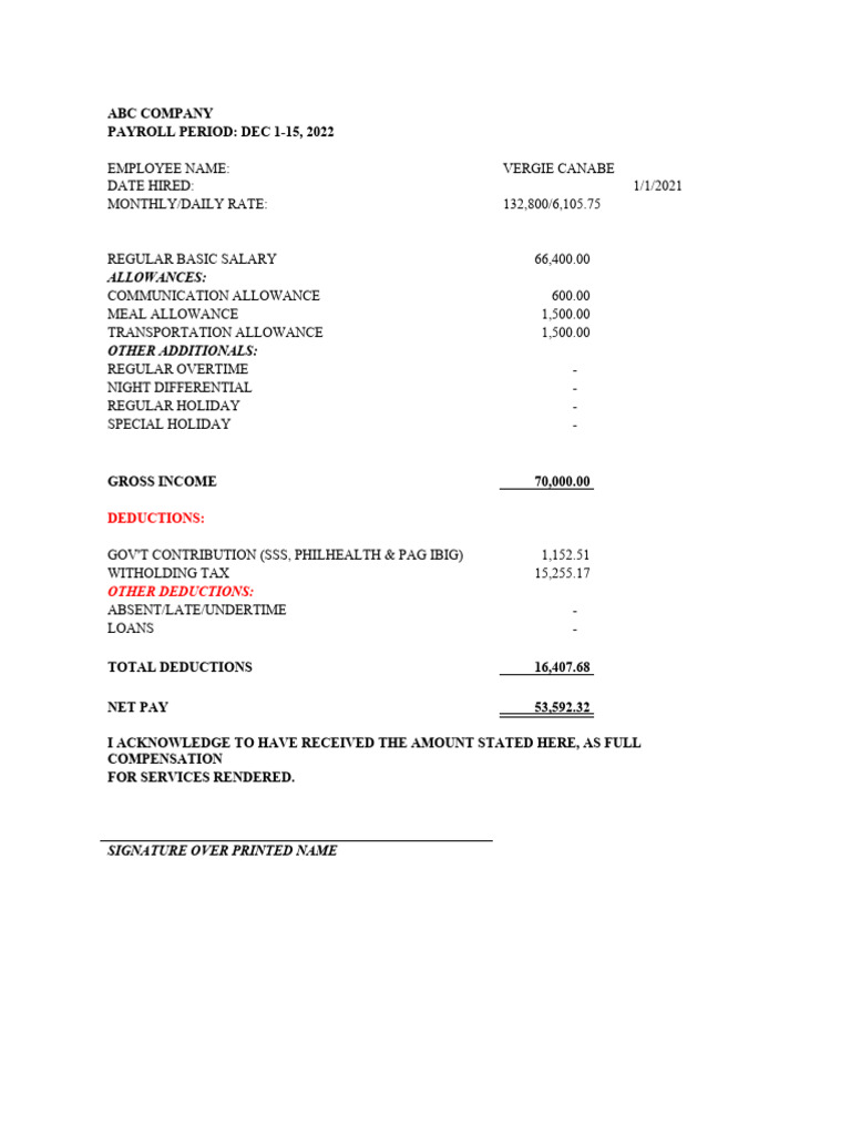 ABC Company Payslip Sample December 2022 | PDF | Finance & Money Management