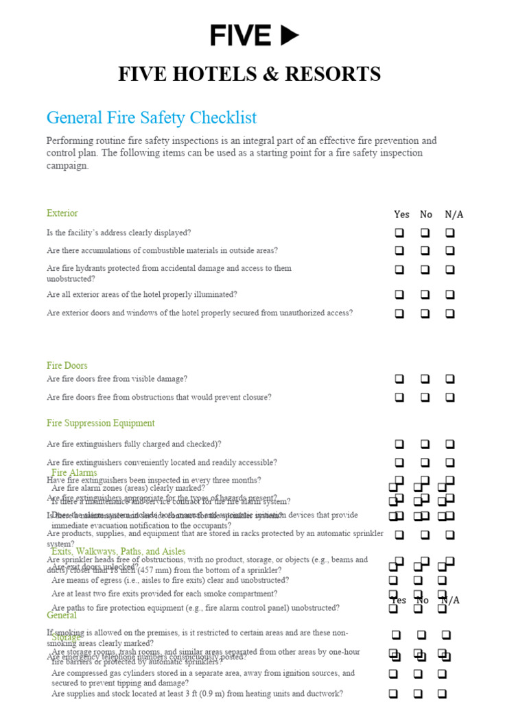 Hotel Fire Safety Inspection Checklist | PDF | Fire Safety | Fire ...