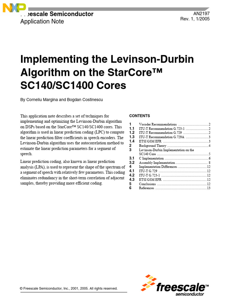 AN2197 - Implementing The Levinson-Durbin Algorithm On The StarCore ...