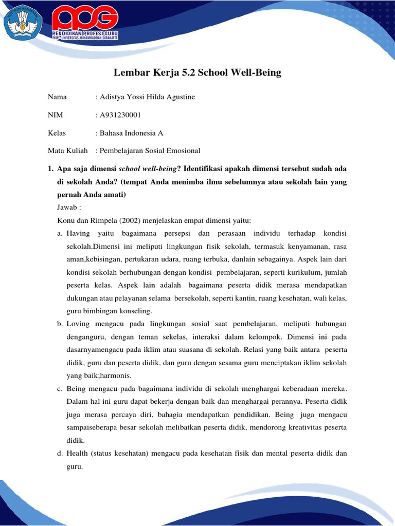 Adistya Yossi Hilda Agustine - Lembar Kerja 5.2 School Well-Being | PDF