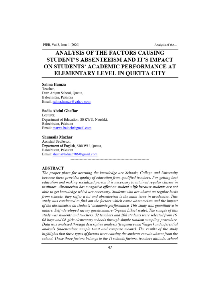Paper 4 Analysis of The Factors Causing Students Absenteeism | PDF ...