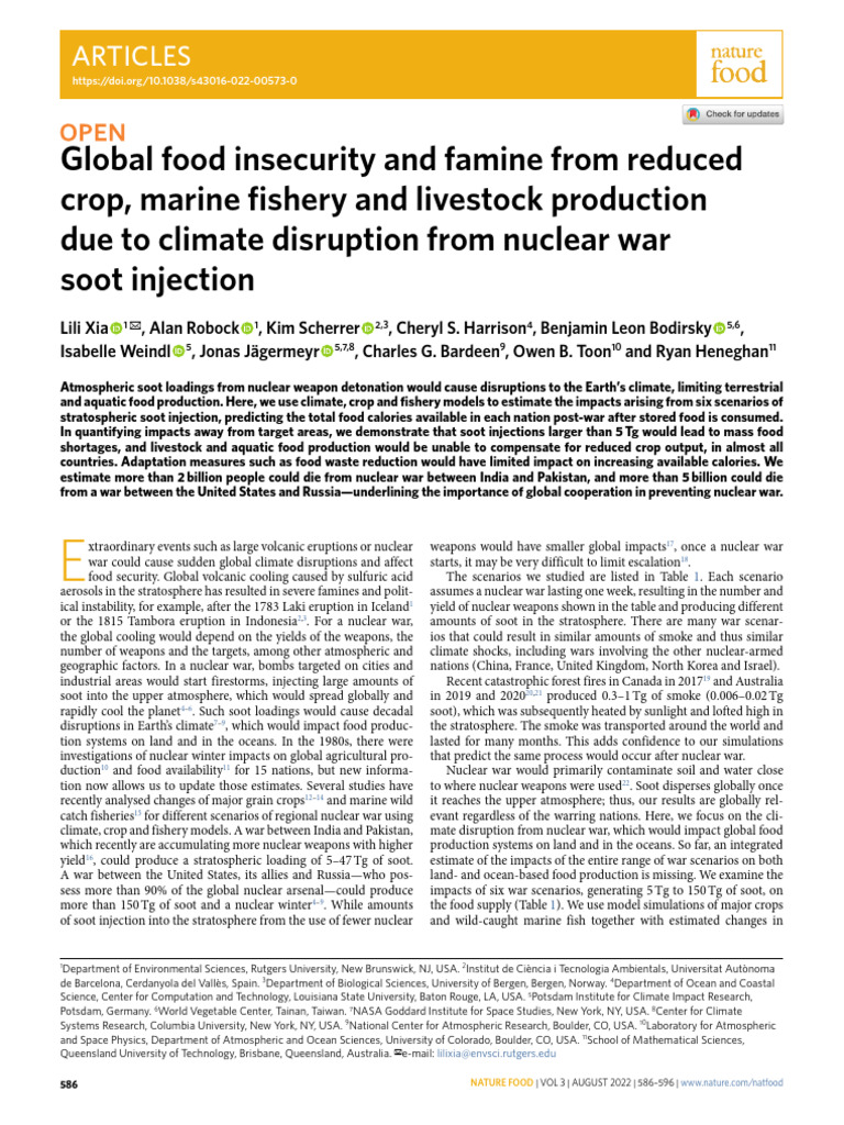 Global Food Insecurity and Famine From Reduced Crop, Marine Fishery and ...