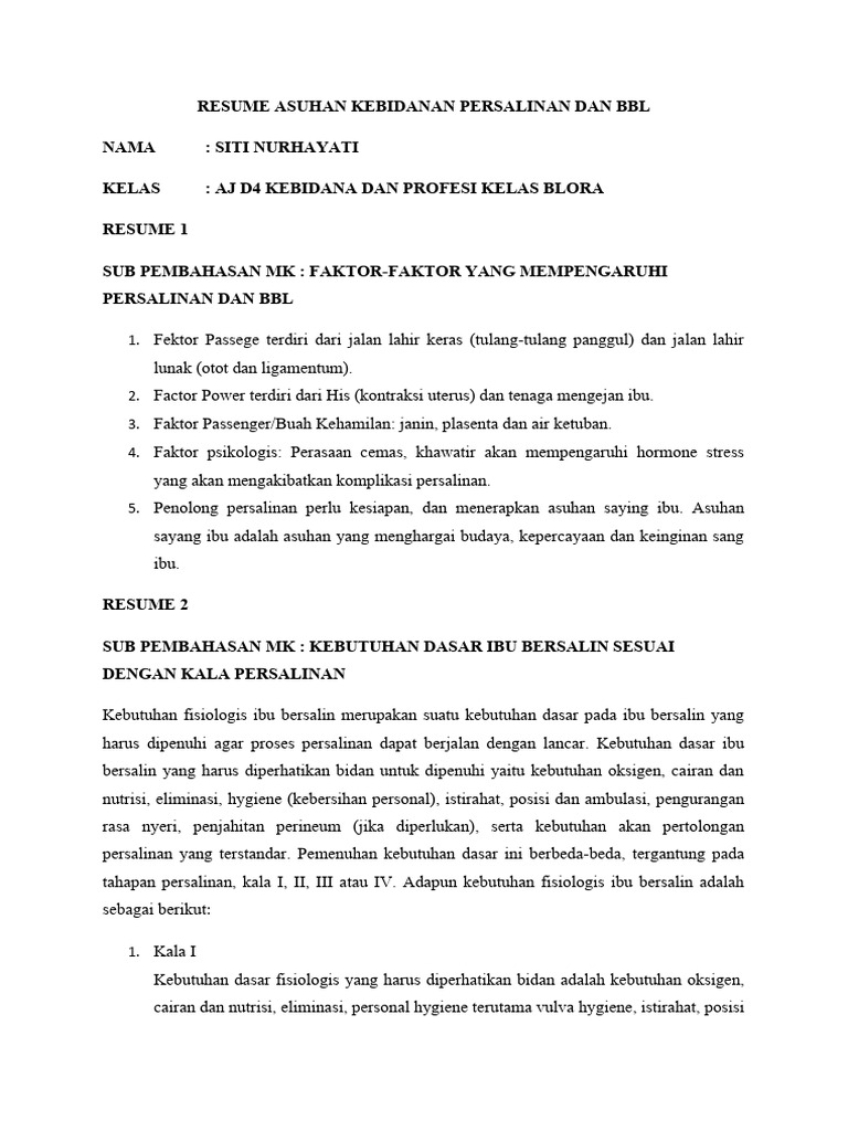 Resume Asuhan Kebidanan Persalinan Dan BBL | PDF