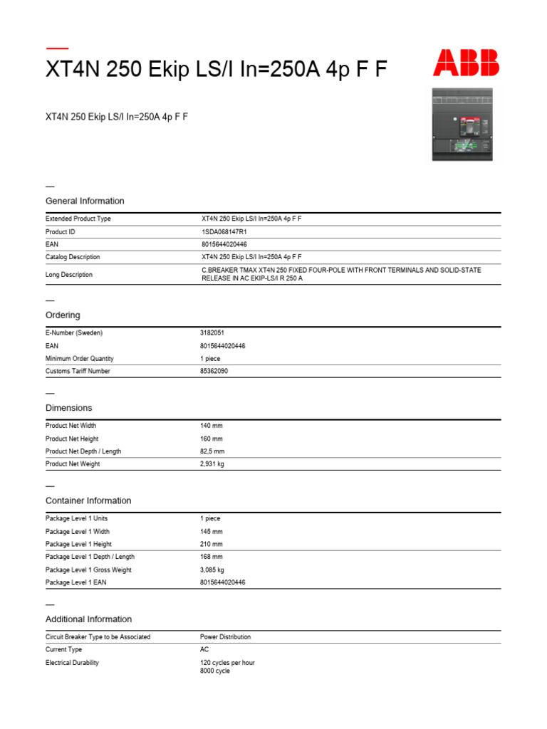 XT4N 250 Ekip LS/I in 250A 4p F F | PDF | Transformer | Electrical ...