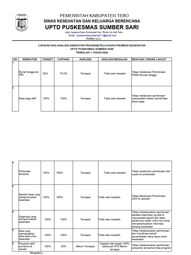 Analisis Pencapaian Target Indikator Kinerja Promkes Tw 1 2024 Pdf