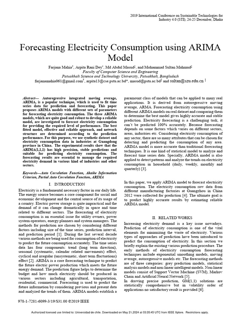 Forecasting Electricity Consumption Using Arima Model Pdf