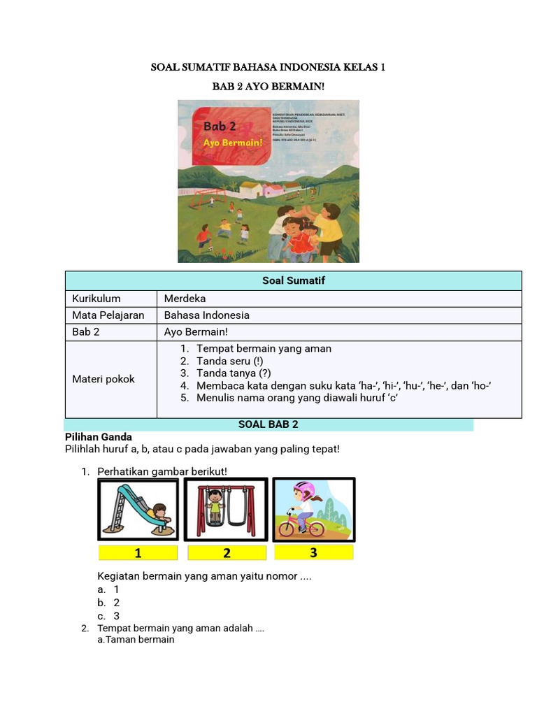SOAL SUMATIF BAHASA INDONESIA KELAS 1 BAB 2 Ayo Bermain | PDF | Seni