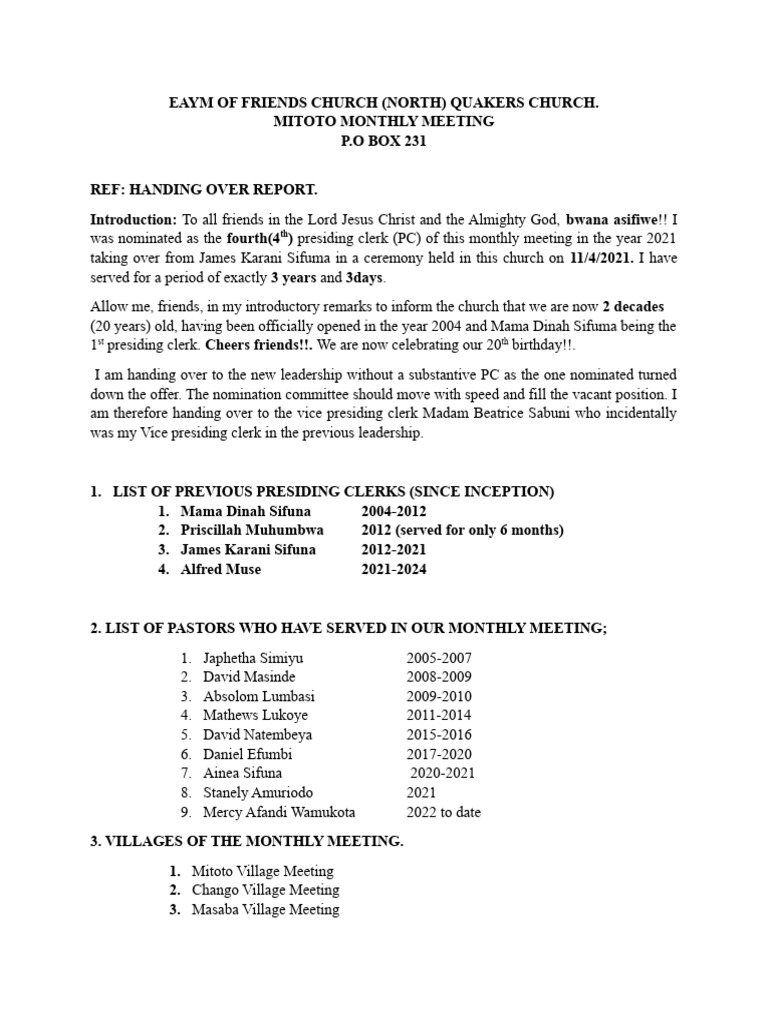 Mitoto Monthly Meeting Handover Report | PDF