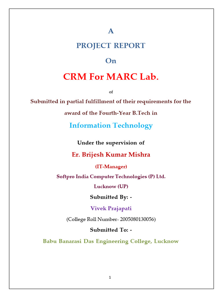 Vivek Report CRM For MARC Lab | PDF | Customer Relationship Management | Abstraction (Computer ...