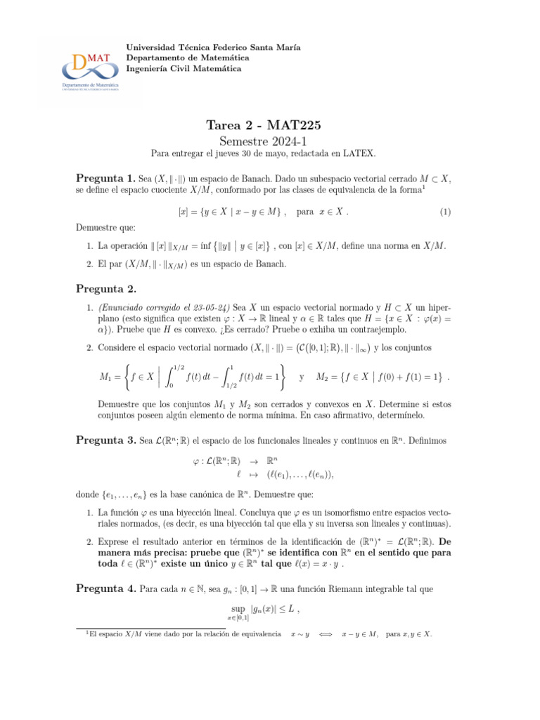 Tarea 2 (MAT-225 2024-1) | PDF | Espacio vectorial | Conjunto convexo