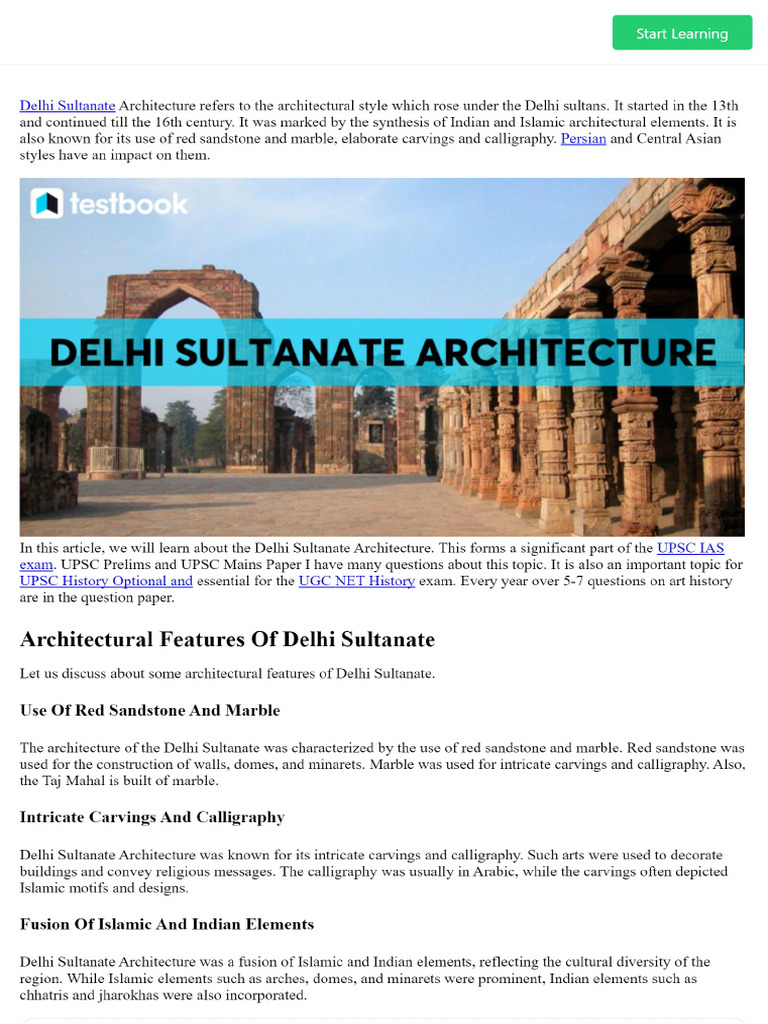 Delhi Sultanate Architecture - Features, and Important Buildings! | PDF
