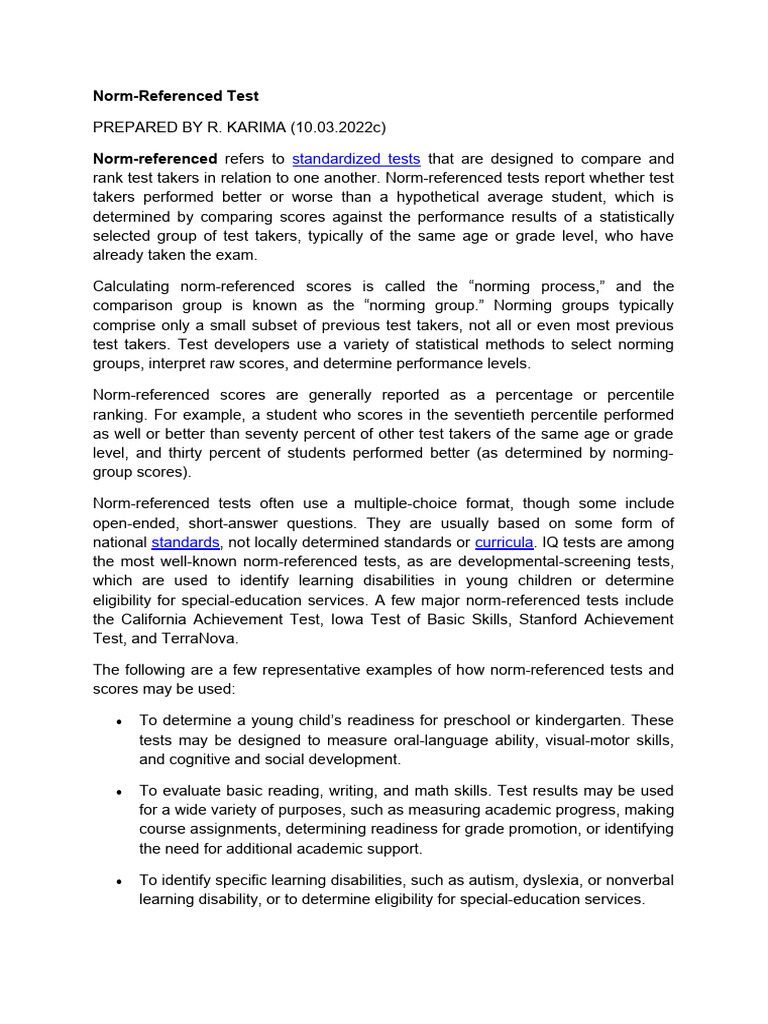 Norm-Referenced and Criterion-Referenced Tests Notes (G) | PDF ...