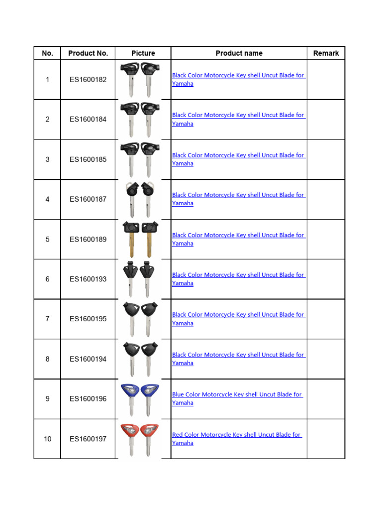 Yamaha Motorcycle Key Shells List | PDF | Vehicle Technology | Vehicles