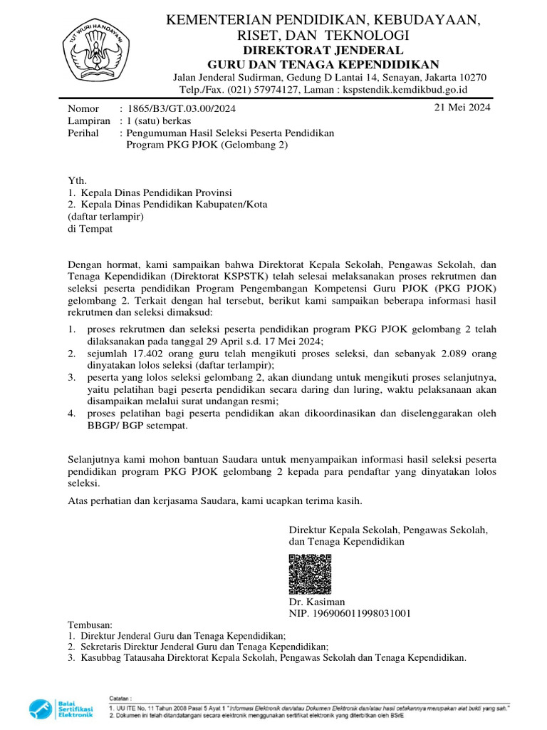 Surat Penetapan Seleksi Peserta Pendidikan Program PKG PJOK Gelombang 2 ...