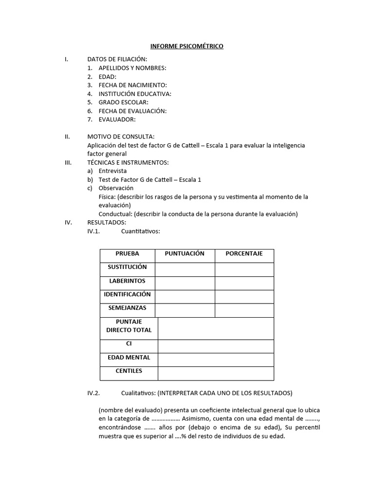 Modelo de Informe Cattell | Descargar gratis PDF | Cociente de inteligencia | Inteligencia
