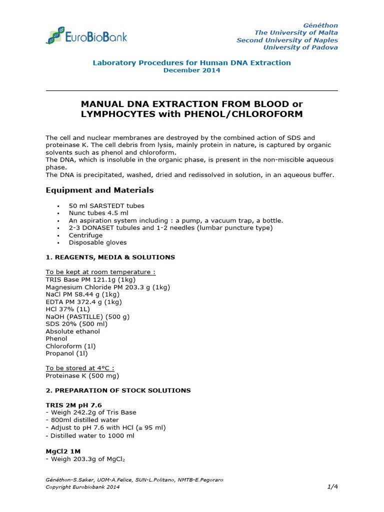 Manual DNA Extraction With Phenol | PDF | Lysis | Chemistry
