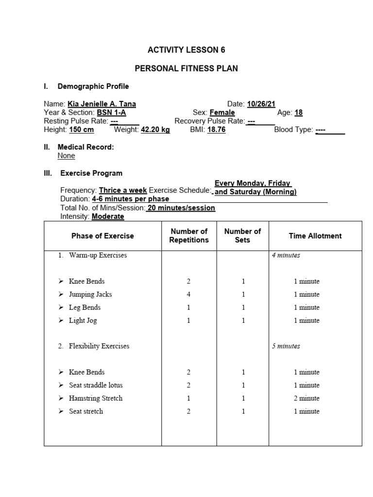 Activity 6 Personal Fitness Plan | PDF | Physical Exercise | Physical ...