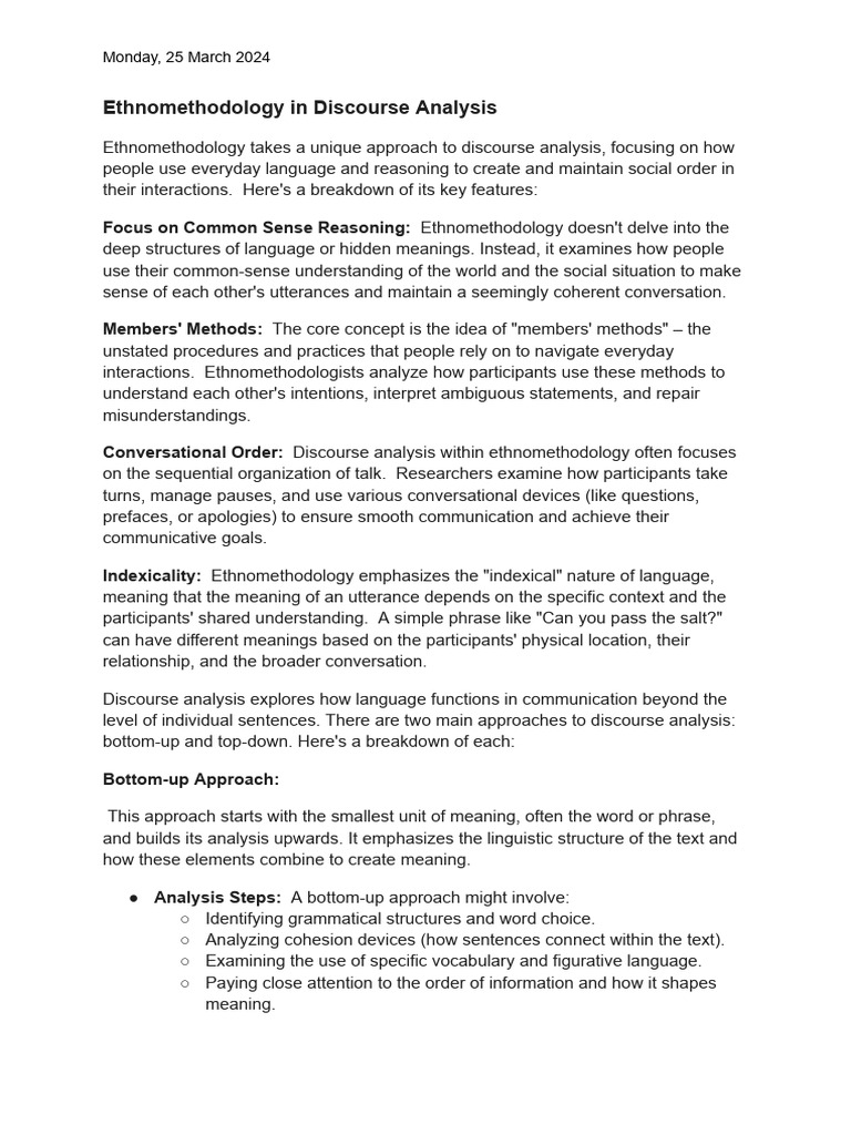 Ethnomethodology in Discourse Analysis | PDF | Linguistics | Communication