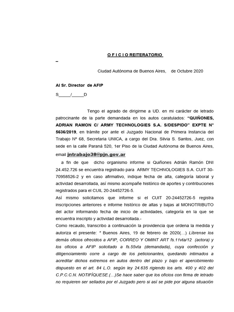 Oficio Afip Quiñones | PDF | Ley Pública | Judicaturas