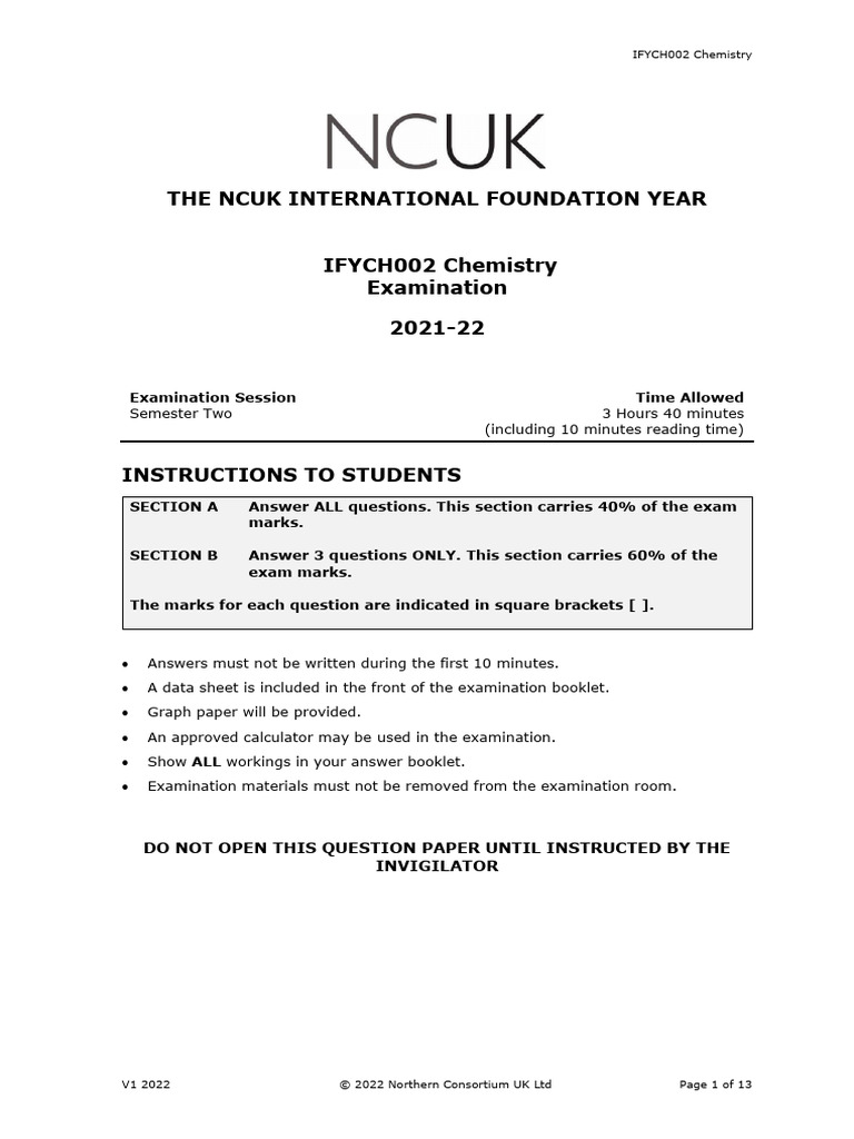 IFY Chemistry Exam 2122 V1 | PDF | Coordination Complex | Chemical ...