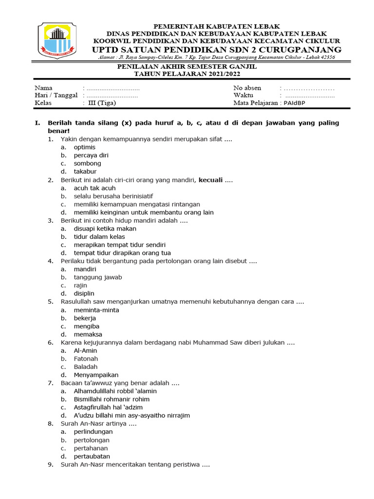 Soal PAS PAIBP SMTR 1 2021-2022 Kls 3 | PDF