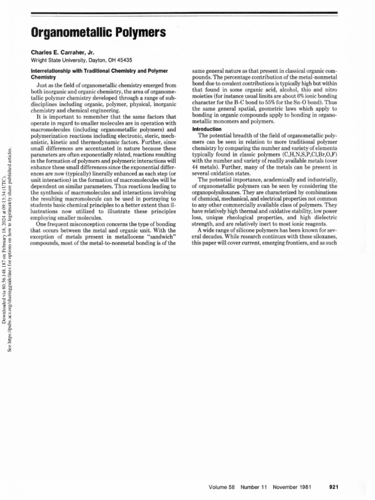 carraher-1981-organometallic-polymers | PDF | Coordination Complex | Polymers