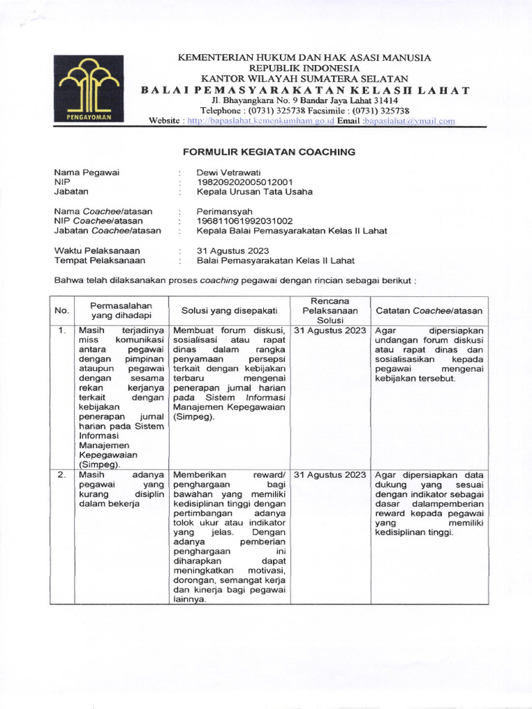 Formulir Coaching Uko Dewi Vetrawati | PDF
