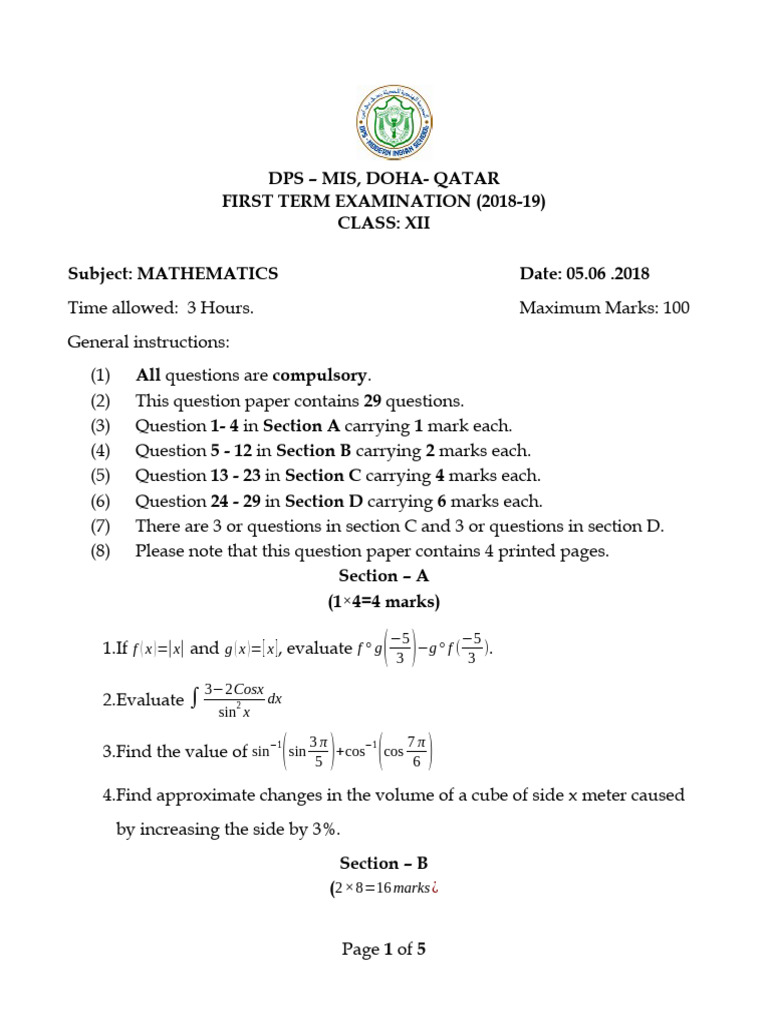 I term exam paper mah class xii 201819 | PDF | Sphere | Function (Mathematics)