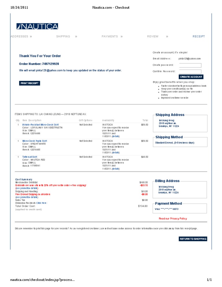 Thank You For Your Order Order Number: 7497129928: Addresses Shipping ...