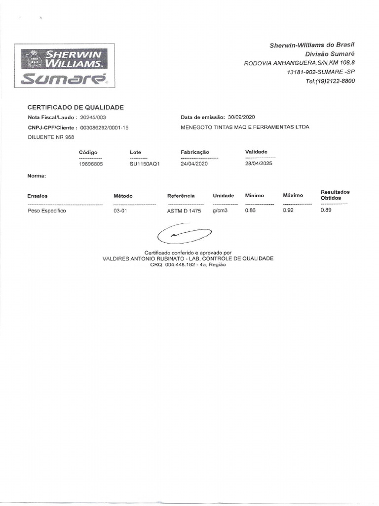Certificado de Qualidade - Sherwin Williams | PDF