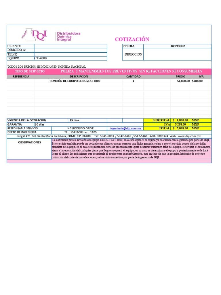 Cotización Mantenimiento CERA-STAT 4000 | PDF