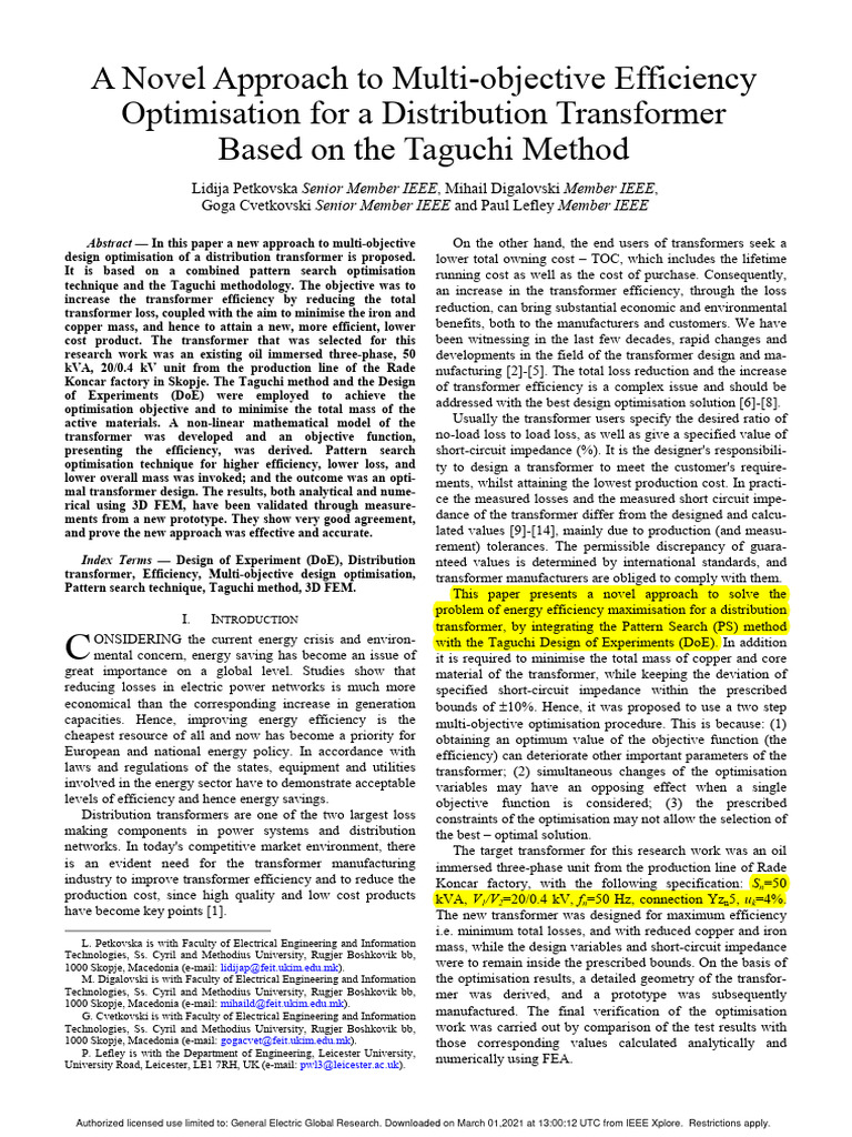 A Novel Approach To Multi-Objective Efficiency Optimisation For A Distribution Transformer Based ...
