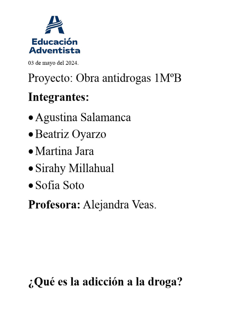 Proyecto obra antidrogas | PDF | Drogas | La dependencia de sustancias