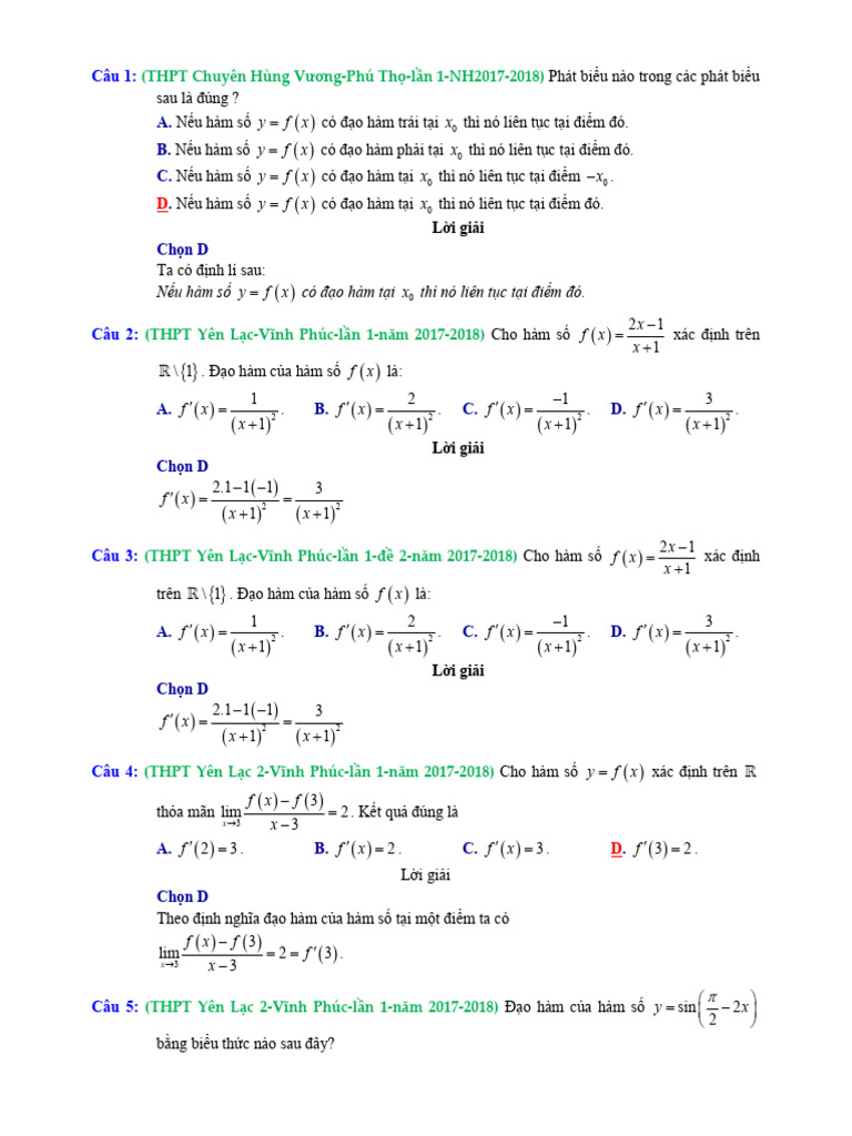 Trac Nghiem Dao Ham Co Giai Chi Tiet Trong Cac de Thi Thu Toan 2018 | PDF