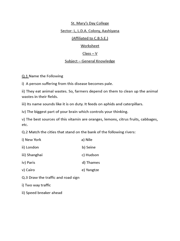 Worksheet G.K. Class VTH | PDF | Science & Mathematics