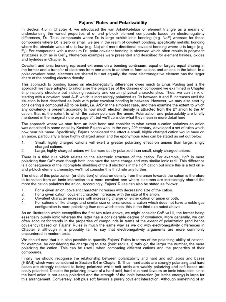 Fajans Rules and Polarizability | PDF | Ionic Bonding | Chemical Bond