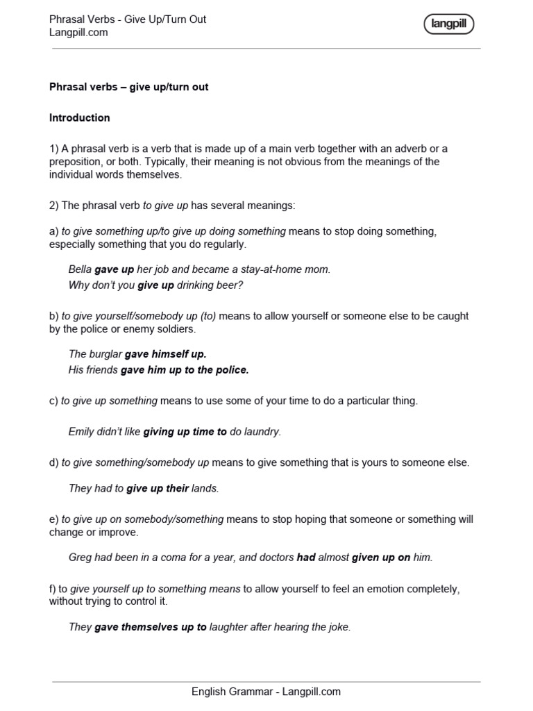 Phrasal Verbs: Give Up & Turn Out | PDF | English Grammar | Semantic Units