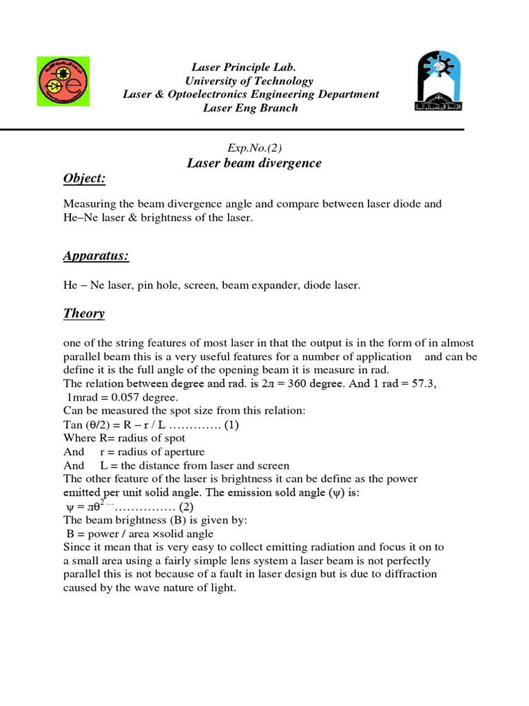 Laser Beam Divergence | Download Free PDF | Laser | Diffraction