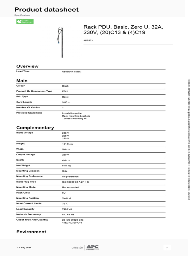 AP7553 Rack PDU Specifications | PDF | Electrical Engineering | Electricity