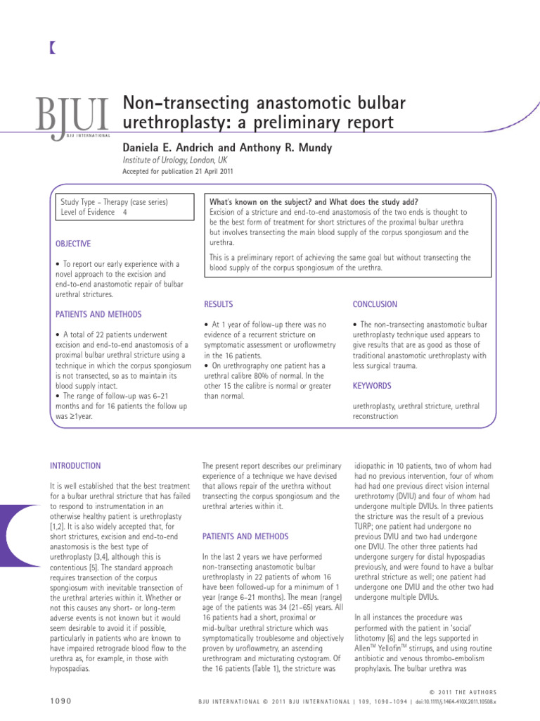 Non-Transecting Bulbar Urethroplasty Results | PDF | Urology | Surgical ...