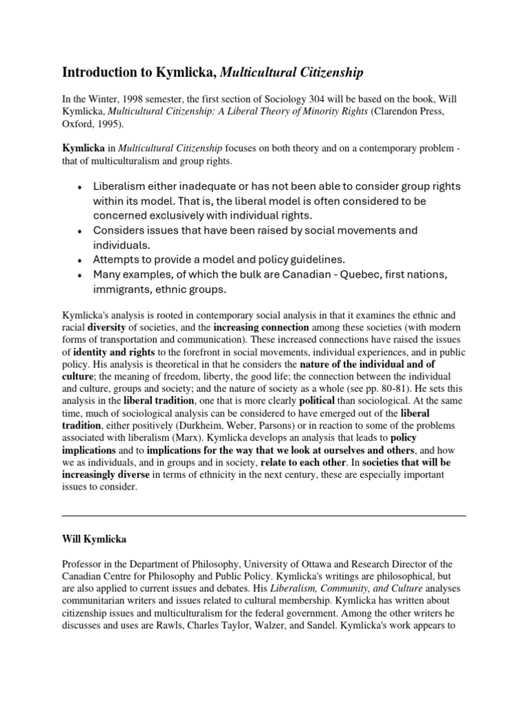 Kymlicka's Multicultural Citizenship Overview | PDF | Liberalism ...