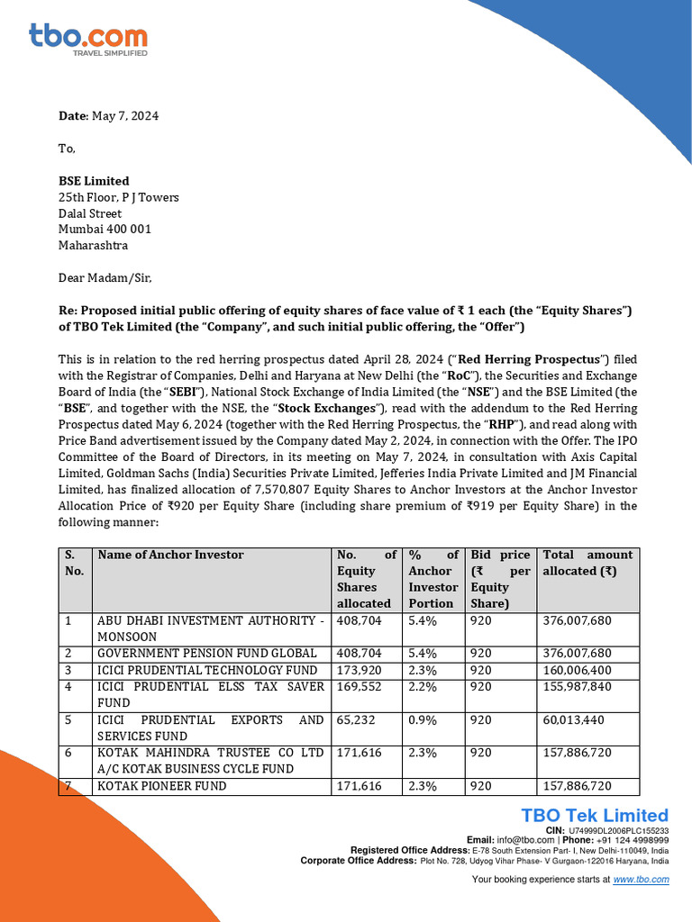 TBOTek Anchor Letter BSE | Download Free PDF | Initial Public Offering ...