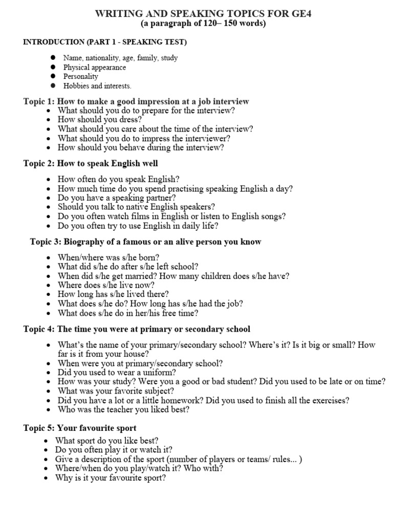 Speaking + Writing Topics For Ge4 - 2022 | PDF | Language Arts & Discipline