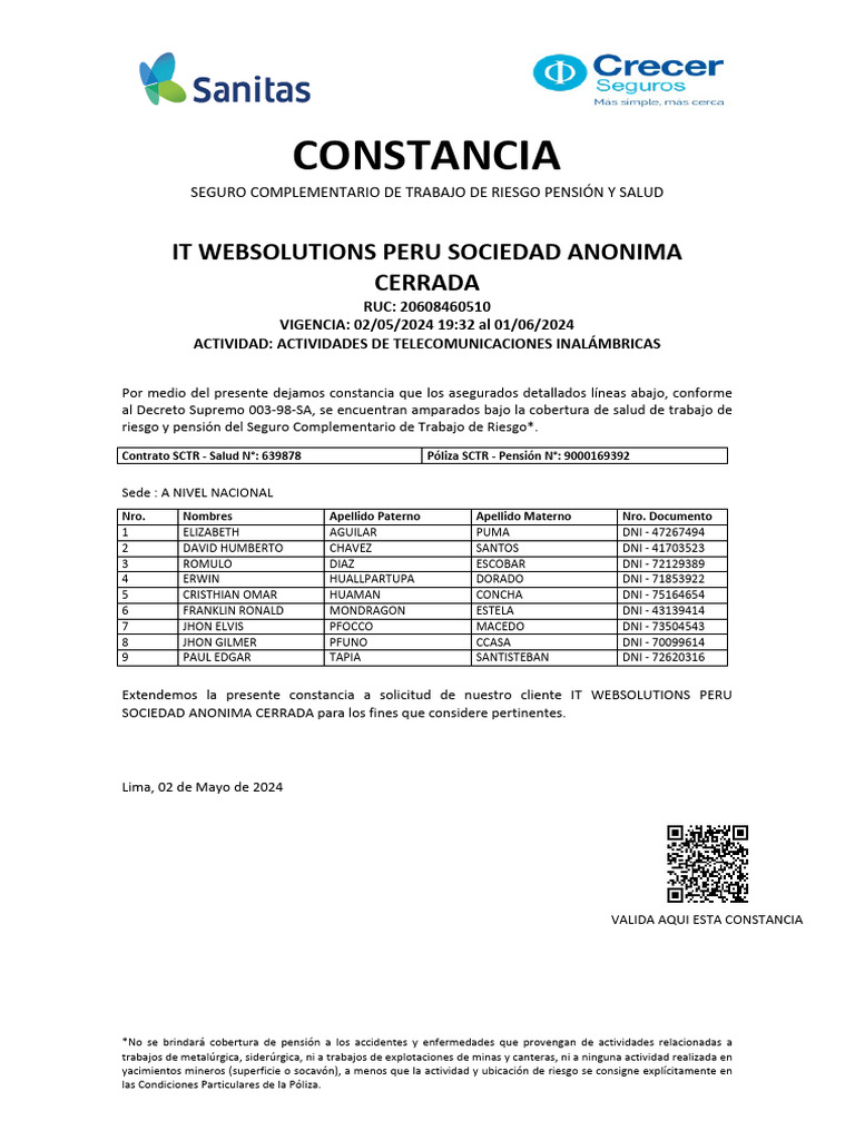 Cobertura SCTR para Telecomunicaciones | PDF | Seguro | Riesgo financiero