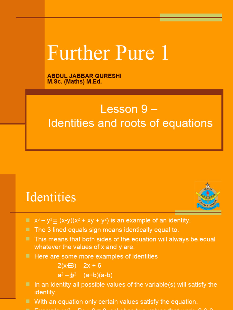 Fp1 Identities and Roots of Equations Lesson 9 | PDF | Equations ...