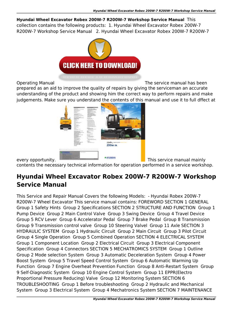 Hyundai Wheel Excavator Robex 200W 7 R200W 7 Workshop Service Manual ...