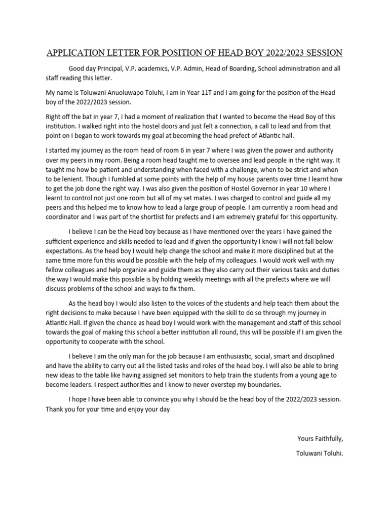Head Boy Application Letter 2022/2023 | PDF | Cognition