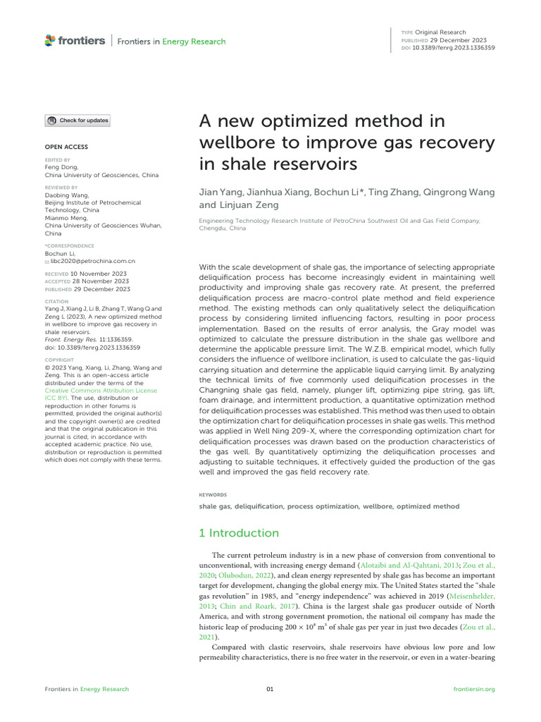 A new optimized method in wellbore to improve gas recovery in shale reservoirs - fenrg-11 ...